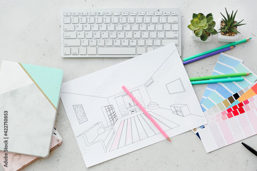 House plan and color palettes on light background Stock Photo | Adobe Stock