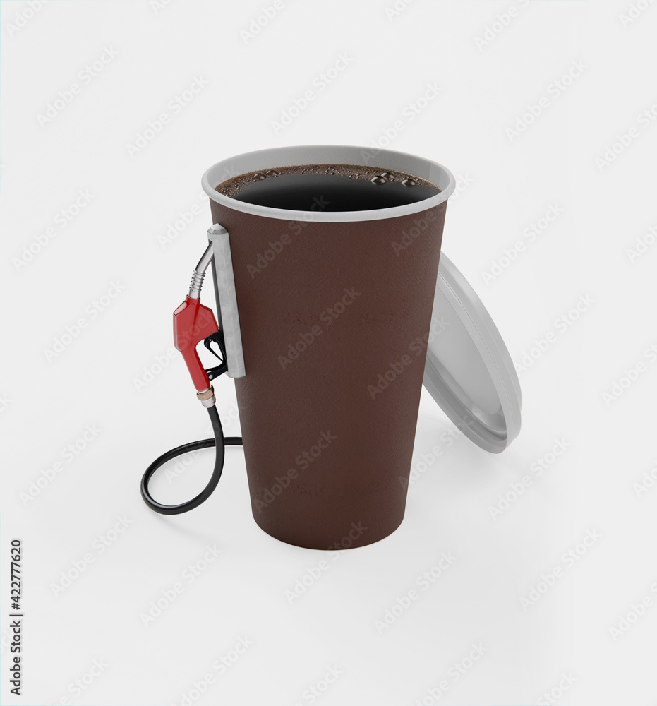 Paper cup of coffee with dispenser on white. Metaphor coffee is power ...
