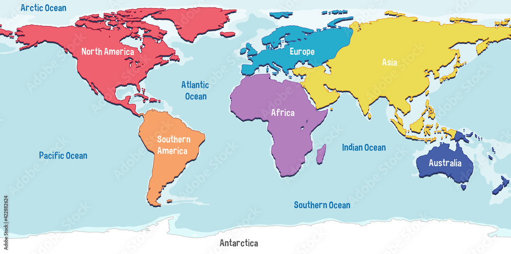 เวกเตอร์ Stock World map with continents names and oceans | Adobe Stock