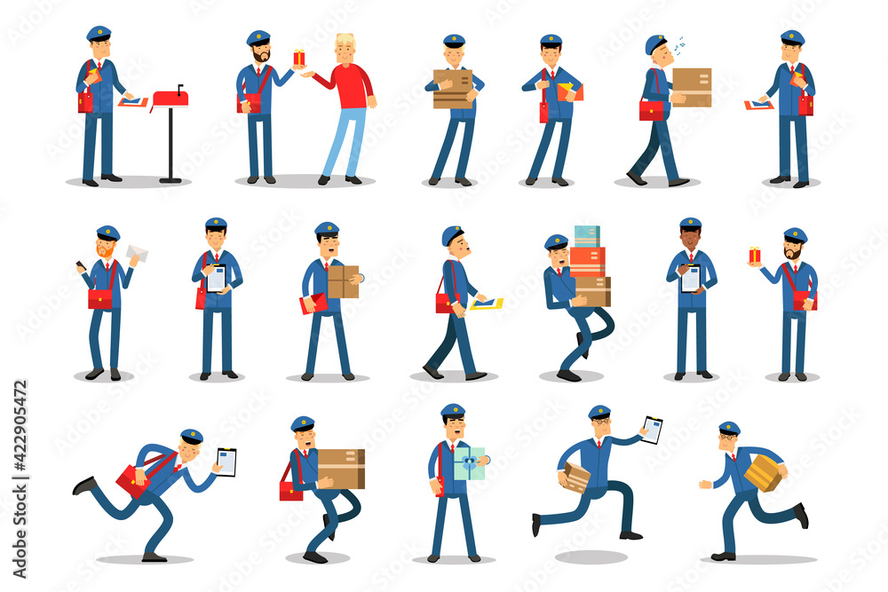 Vector de Stock Postman Wearing Uniform Engaged in Daily Routine Vector ...