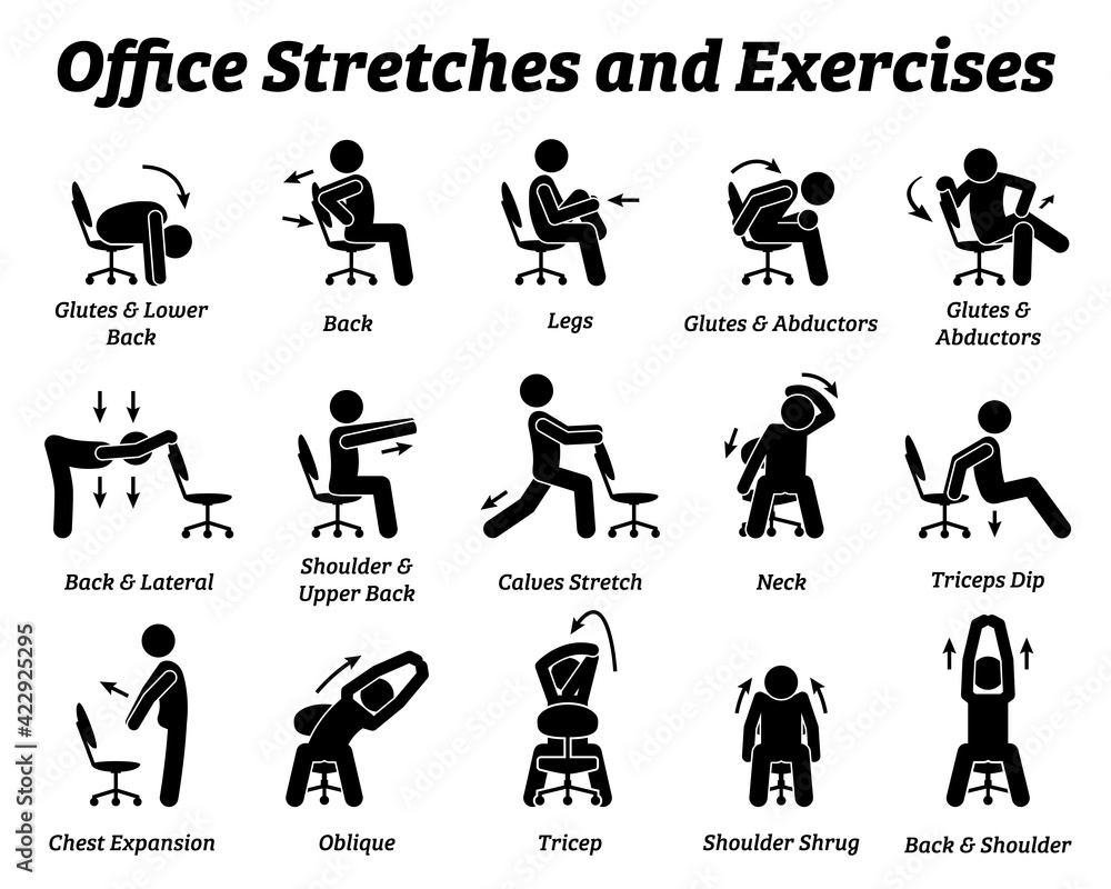 Working office stretches and exercises to relax tension muscle. Vector ...