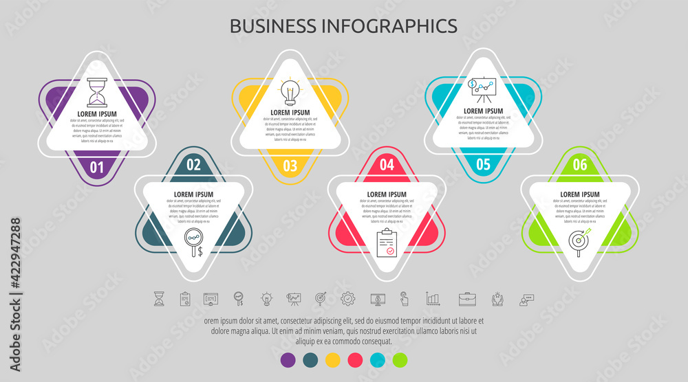 Modern and simple flat vector triangle infographic with six steps ...