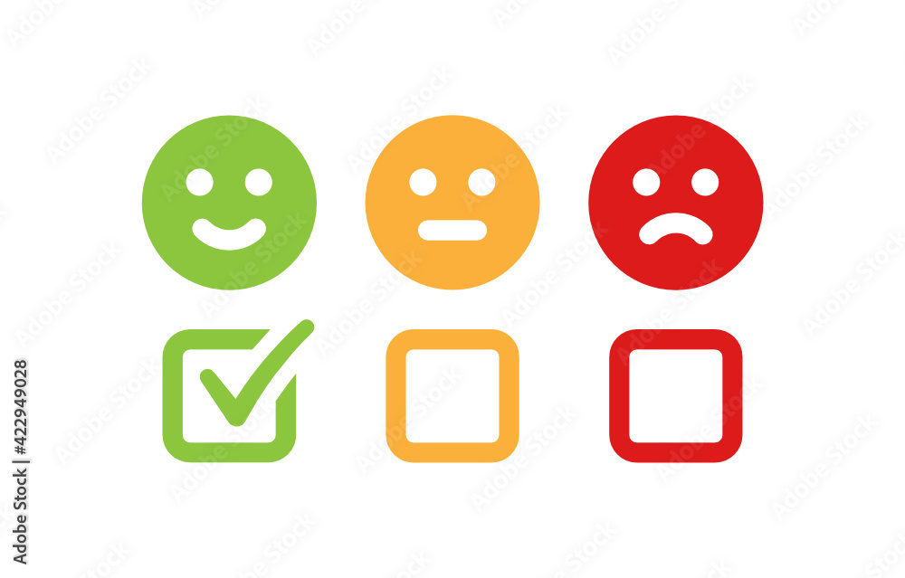 Customer satisfaction concept vector. Ticking smiley emoji sign icon ...