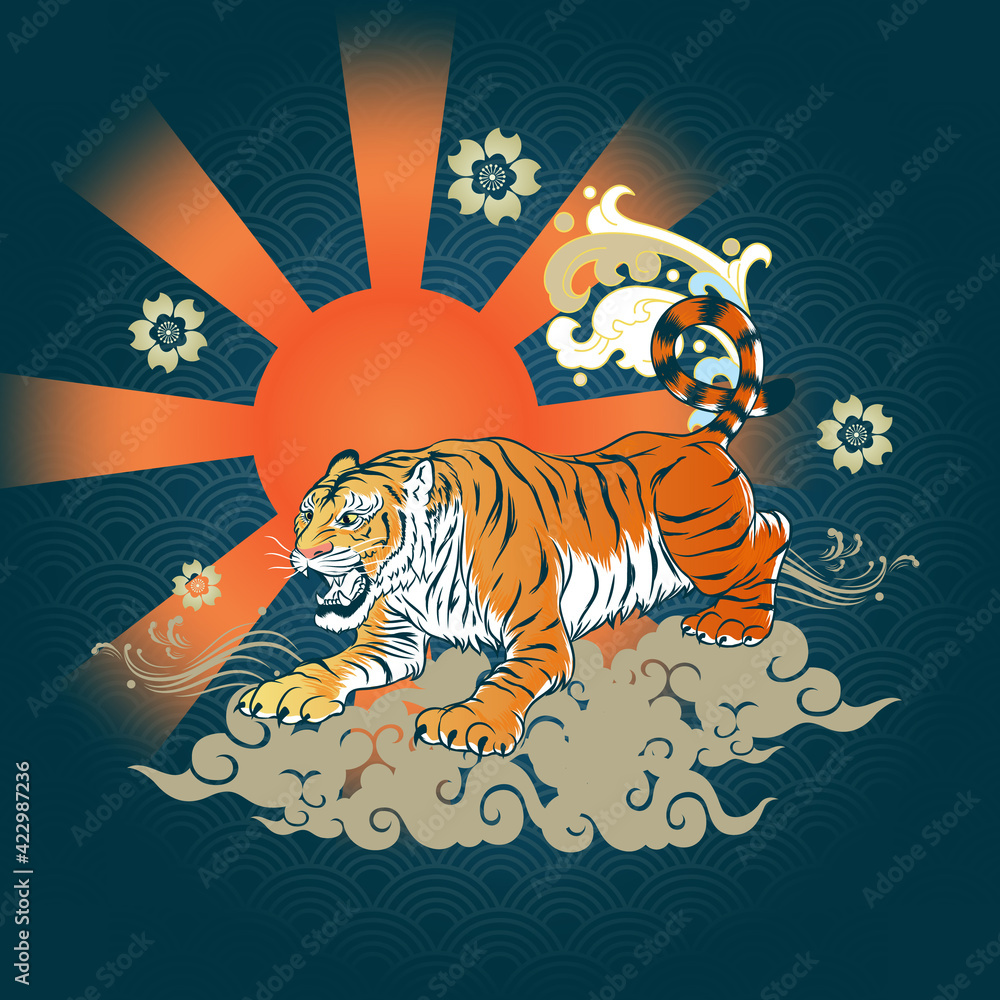 Abstract Art Tiger Bowing on Golden Cloud with Windy line and Sakura ...