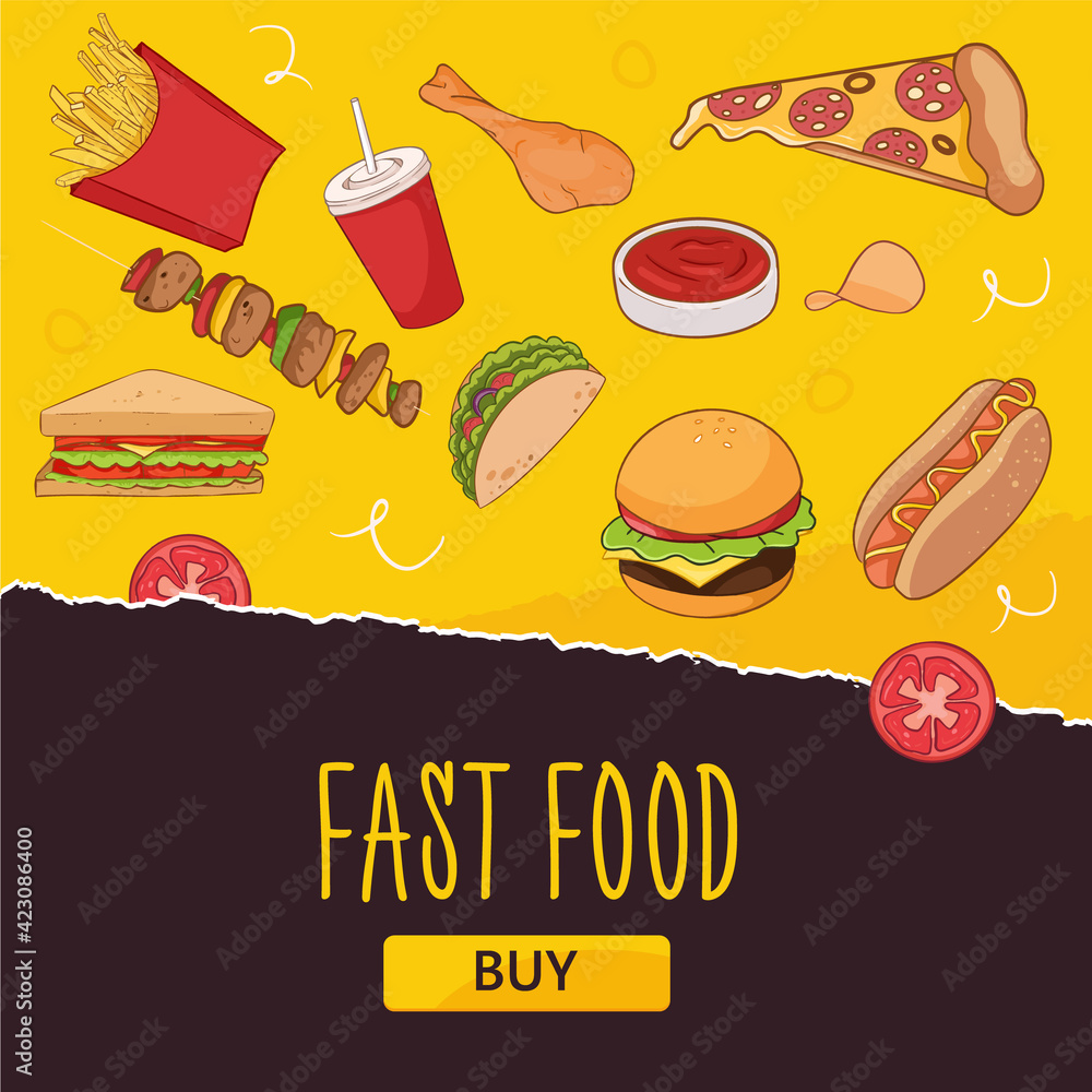 Bright yellow fast food banner template. Burger, hot dogs, pizza, etc ...