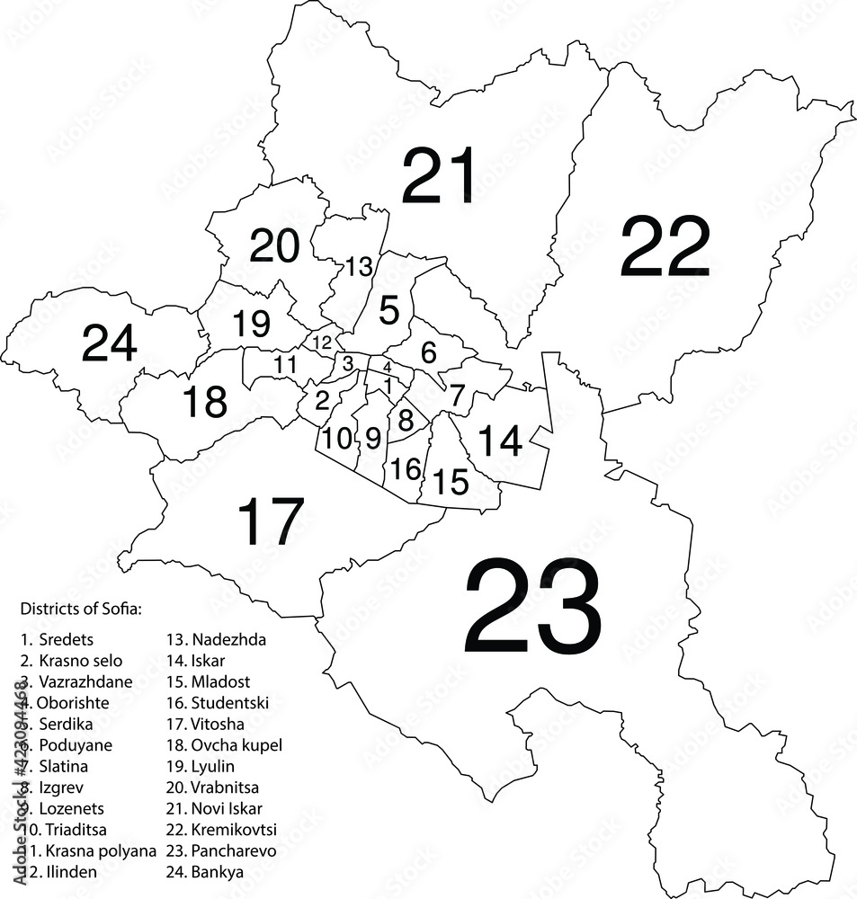 Simple white vector map with black borders and names of districts of Sofia, Bulgaria Stock ...
