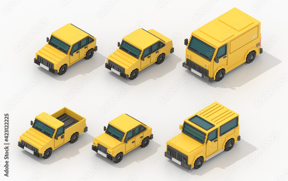 voxel art illustration of isometric vehicles, being car, jeep, van ...