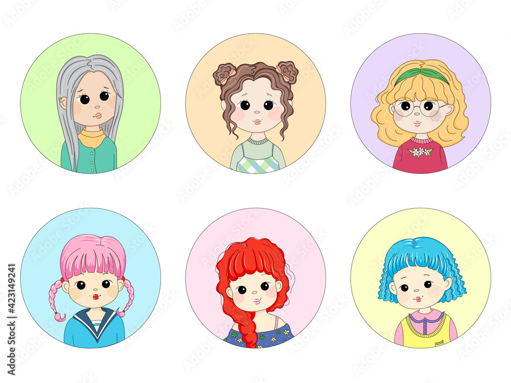 Set of cartoon Cute Girls avatars. Hand drawn portraits of young pretty ...