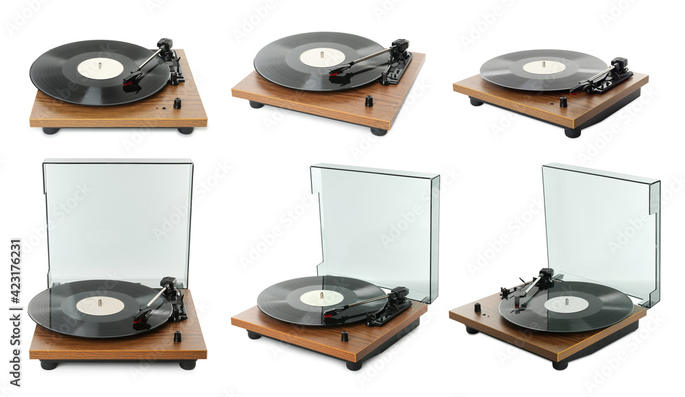 Turntables with vinyl records on white background, collage. Banner ...