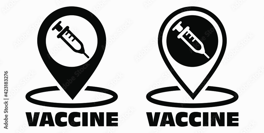 Vaccine and location icon. Syringe sign. The location of the hospital ...