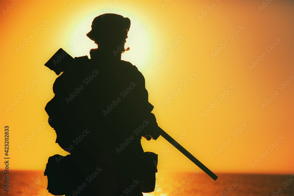 Foto stock di Silhouette of army elite forces sniper, commando shooter in boonie hat, carrying ...
