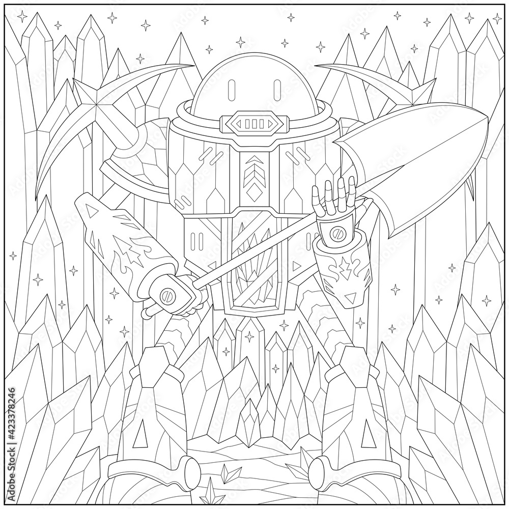 Fantasy miner robot harvest crystal chunk in the crystal dungeon ...