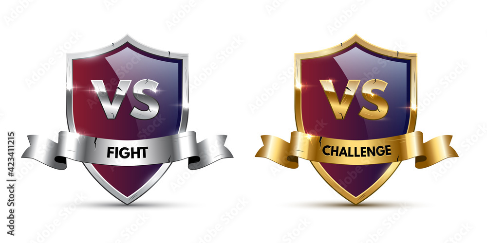 Shields vs with fight and challenge text set. Two versus battle banners ...