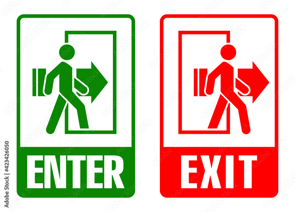 Entry and exit signs with a man silhouette. Vector pictograms Stock ...
