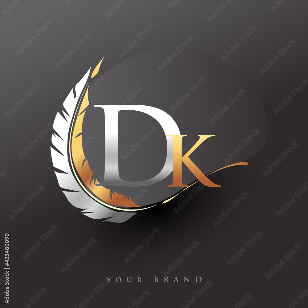 Vector de Stock Initial letter DK logo with Feather Gold And Silver ...