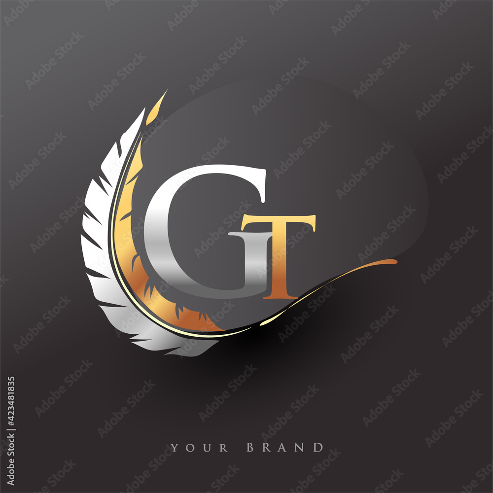 Initial letter GT logo with Feather Gold And Silver Color, Simple and ...