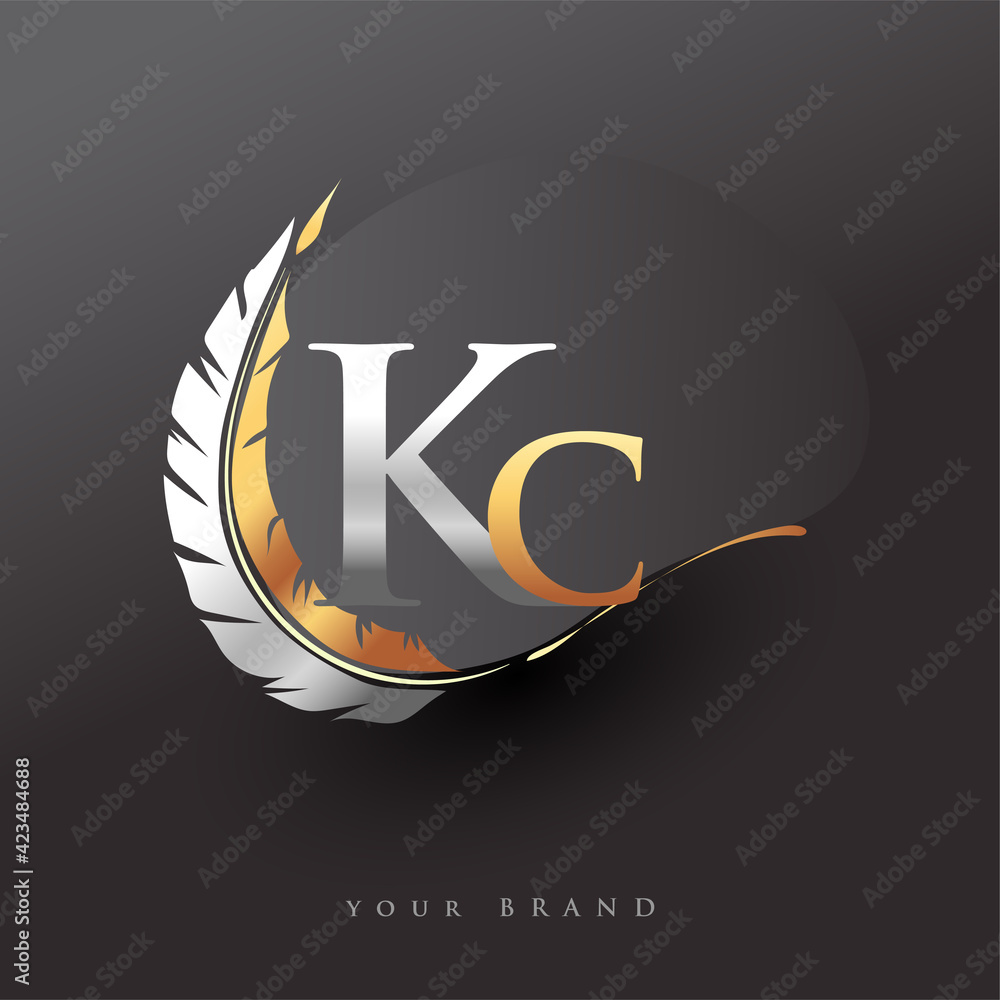 Vector de Stock Initial letter KC logo with Feather Gold And Silver ...