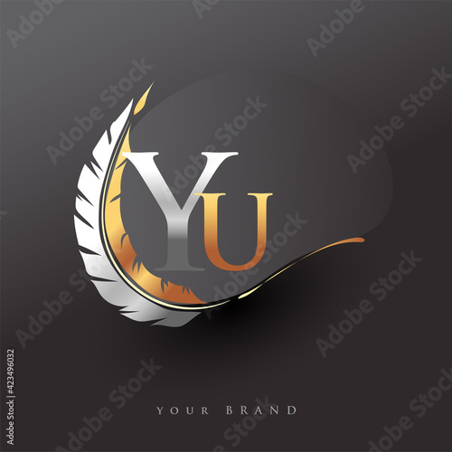 Initial letter YU logo with Feather Gold And Silver Color, Simple and ...