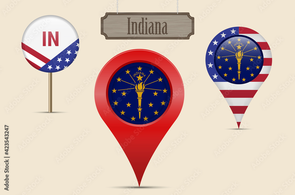 Indiana US state round flag. Map pin, red map marker, location pointer ...