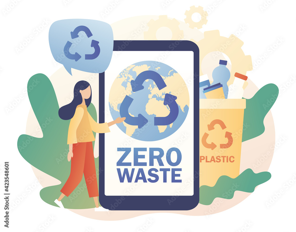 Zero waste - text on smartphone screen. Recycling garbage. Tiny woman ...