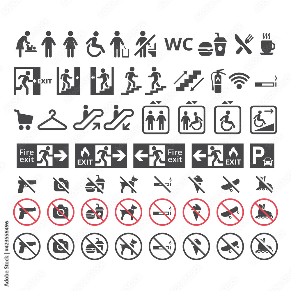 Shopping center or mall information vector sign set. Public building ...