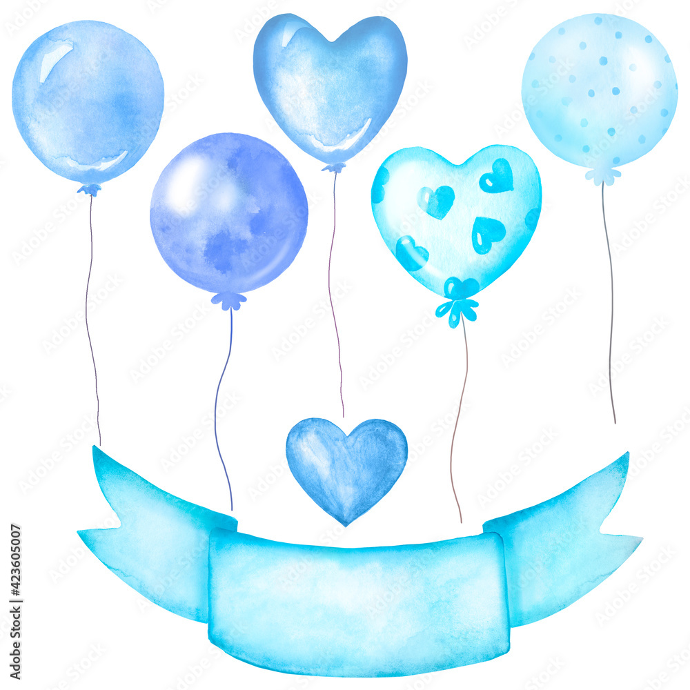 Watercolor illustration with blue balloons Stock Illustration | Adobe Stock