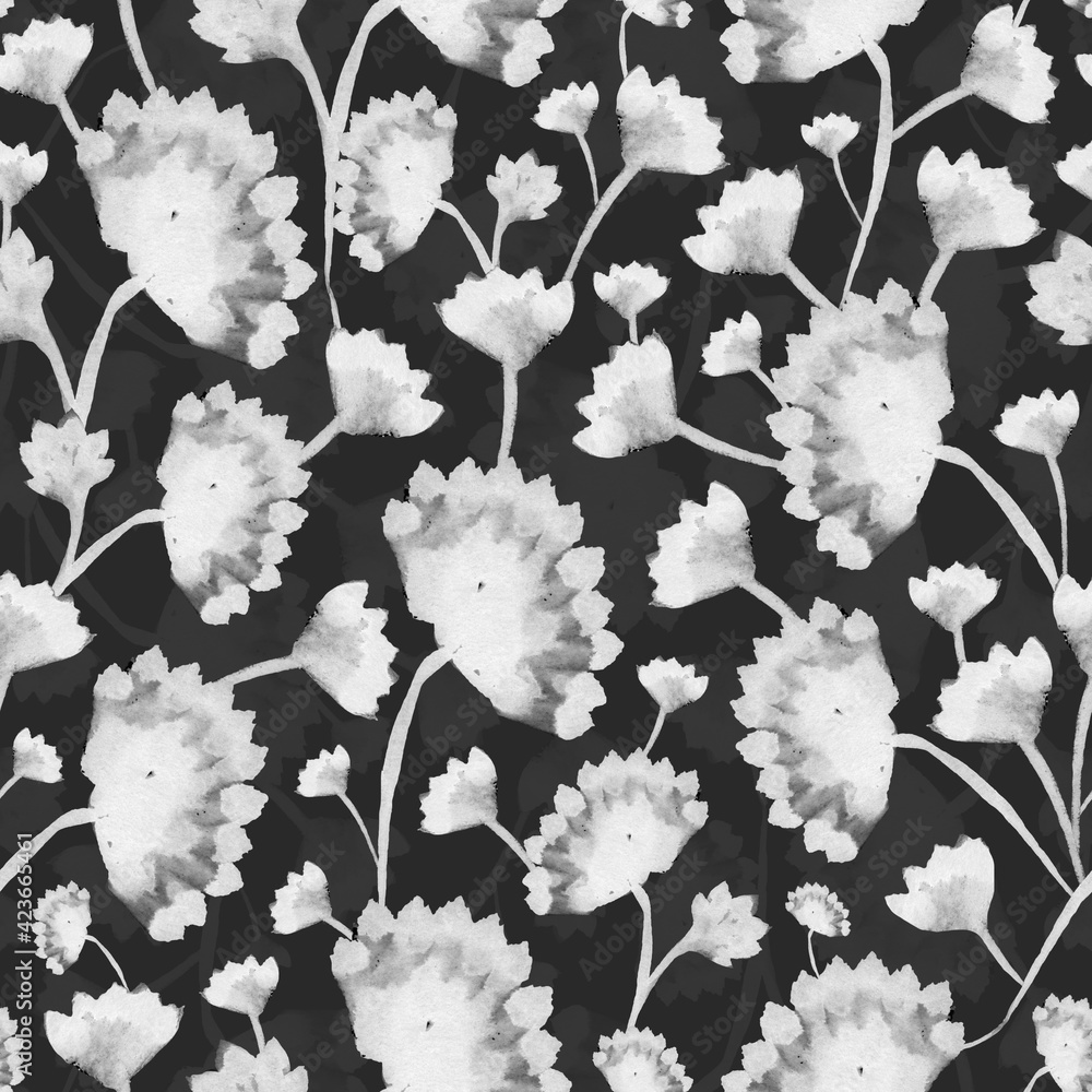 Seamless pattern of flower buds. Ink flowers. Floral black and white ...