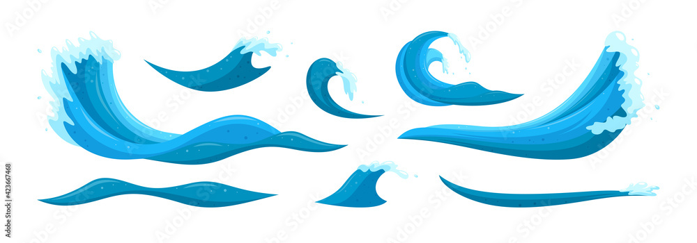 Flooding waves and tides elements. Set of waves causing destruction and ...