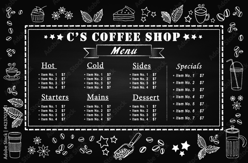 Coffee Shop Menu Handwritten on Chalkboard for Café flyer banner poster ...