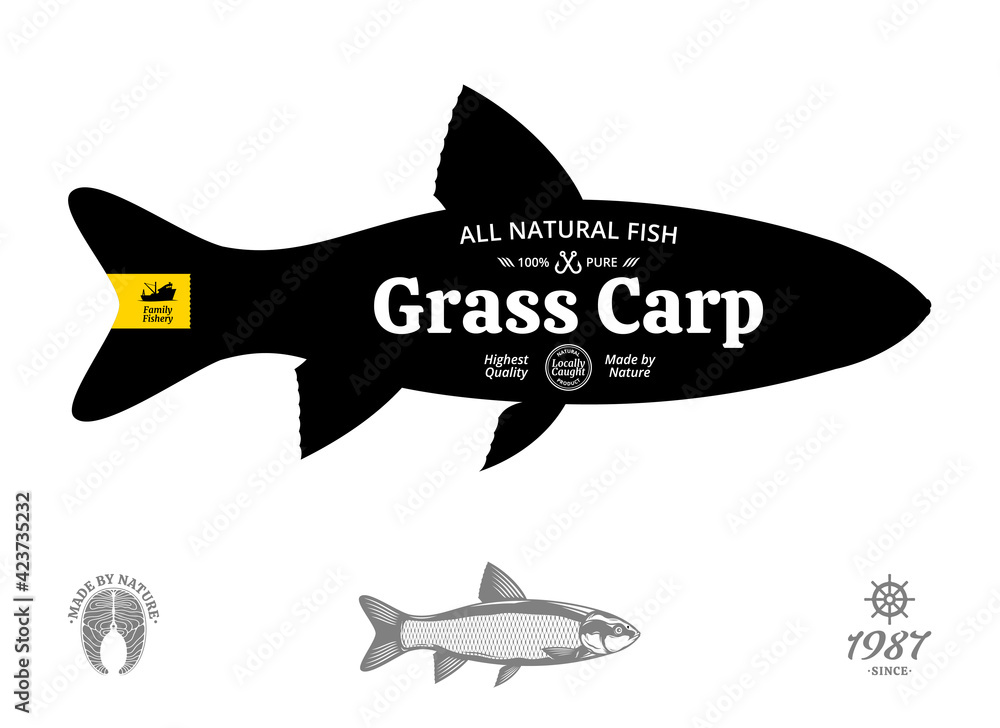 Vector grass carp seafood label Stock Vector | Adobe Stock