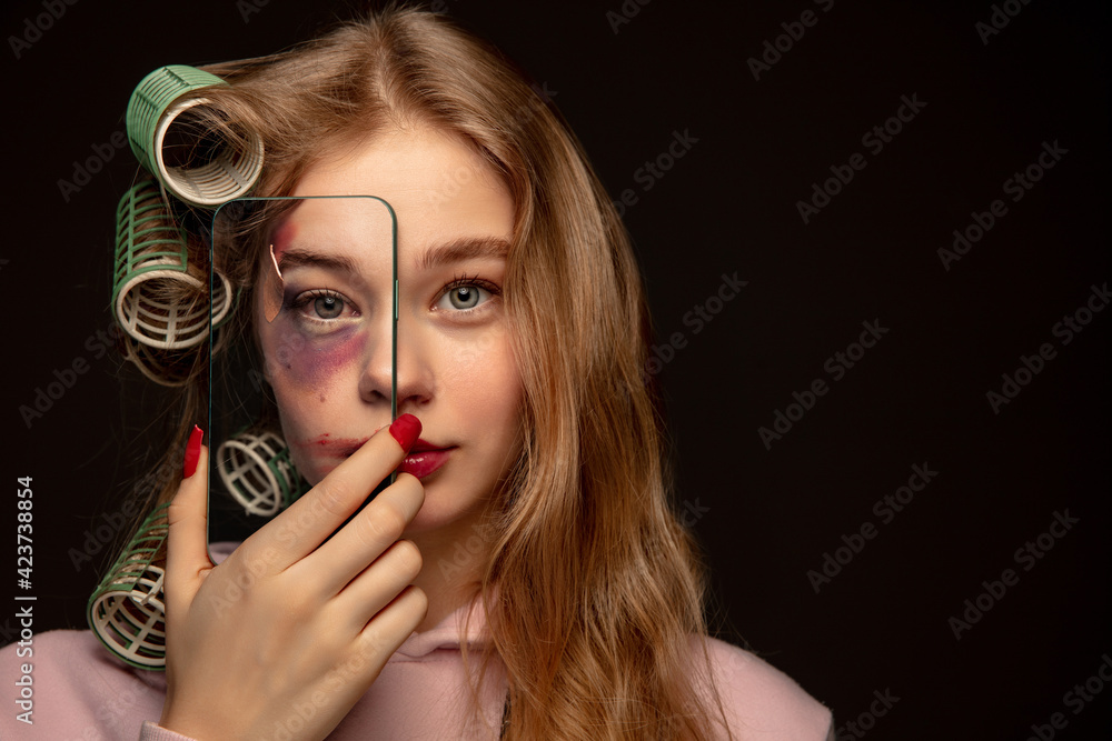 Lie and another life in social media. Girl wearing make up on her face ...