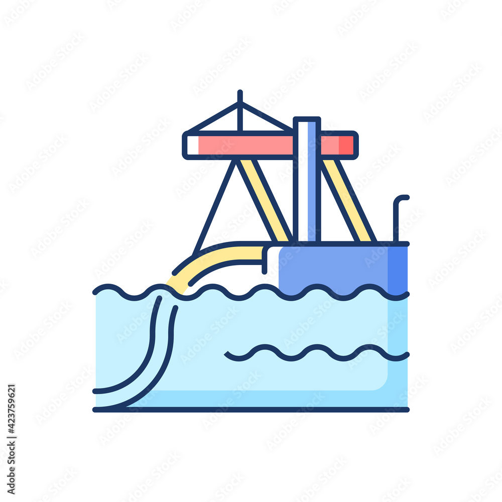 Vector de Stock Underwater pipeline installation RGB color icon. Laying ...