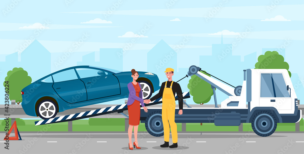 Car breakdown on the road. Tow truck is moving Stock Vector | Adobe Stock