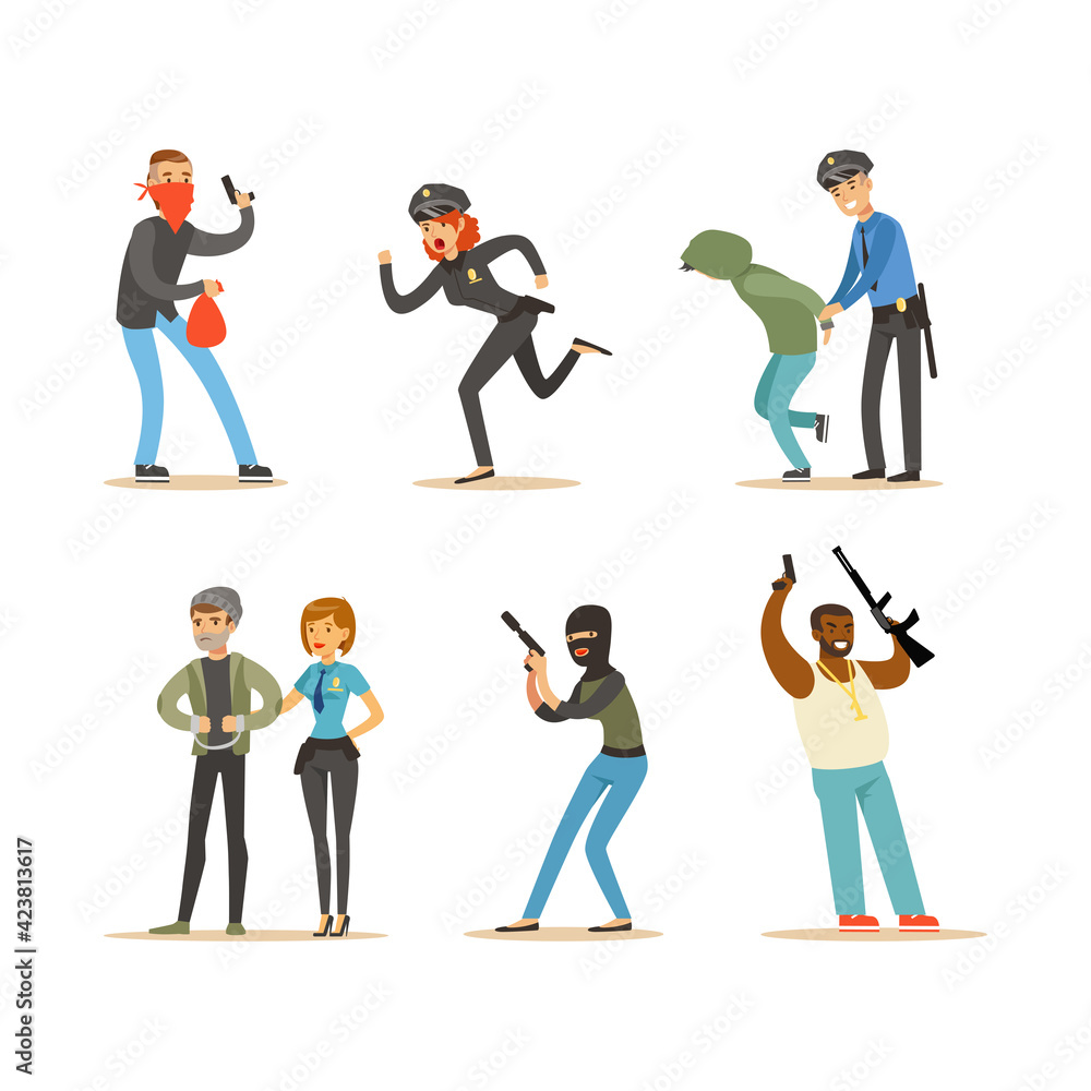 Set of Police Officers and Robbers, Criminals Running away from ...