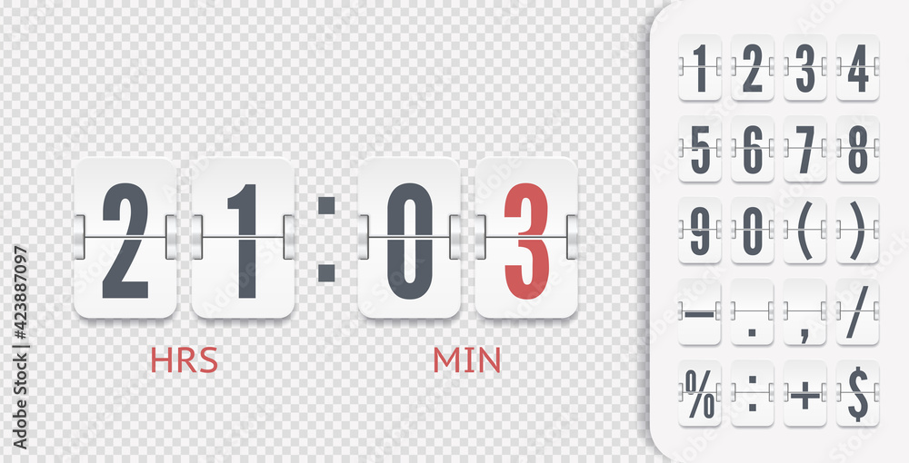 White analog countdown number font. Flip numbers and symbols font for information web page or ...