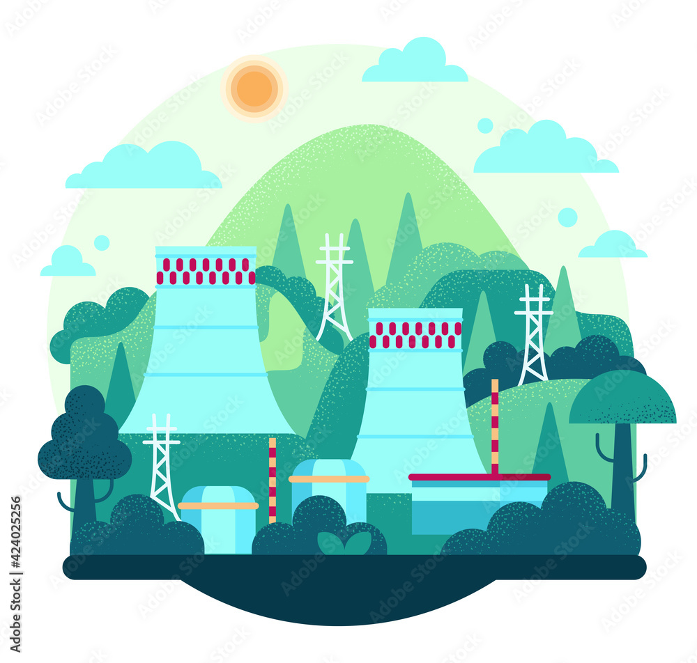 Cartoon illustration with electric plant, trees, hills and clouds ...