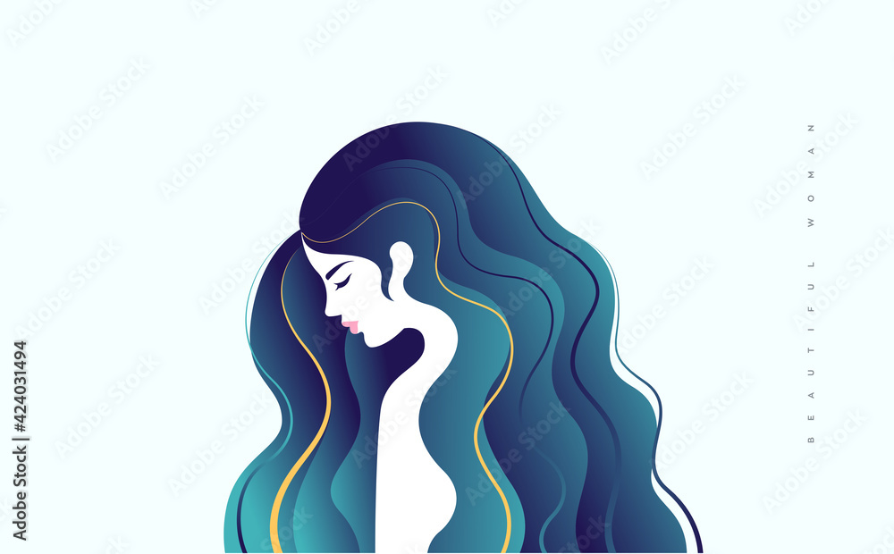 Vector de Stock Portrait of a beautiful girl with long turquoise blue ...