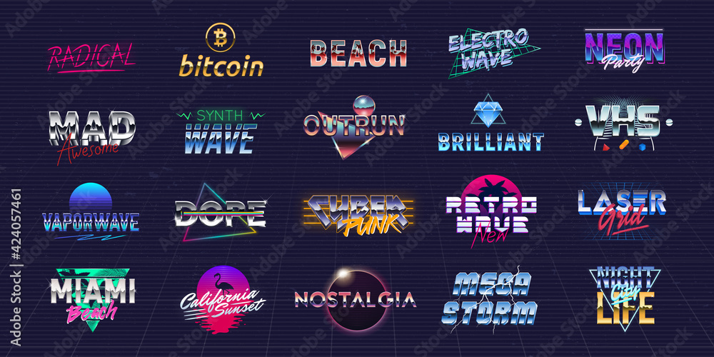 Vector set of futuristic logos in Retro 80s style. Vaporwave, Synthwave ...