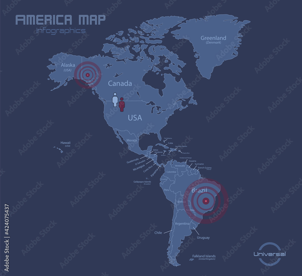 America map, with names of individual states, infographics blue flat ...
