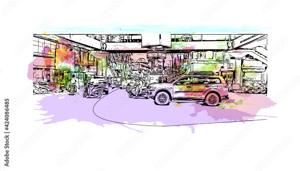 Building view with landmark of Dimapur is a city in India. Watercolour ...