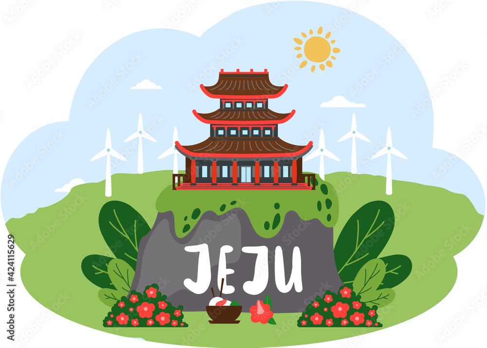 Wellcom to Jeju island in South Korea, traditional elements. Attraction ...