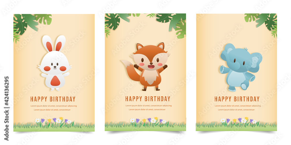 Set banner character Invitation birthday greeting card with a cute ...
