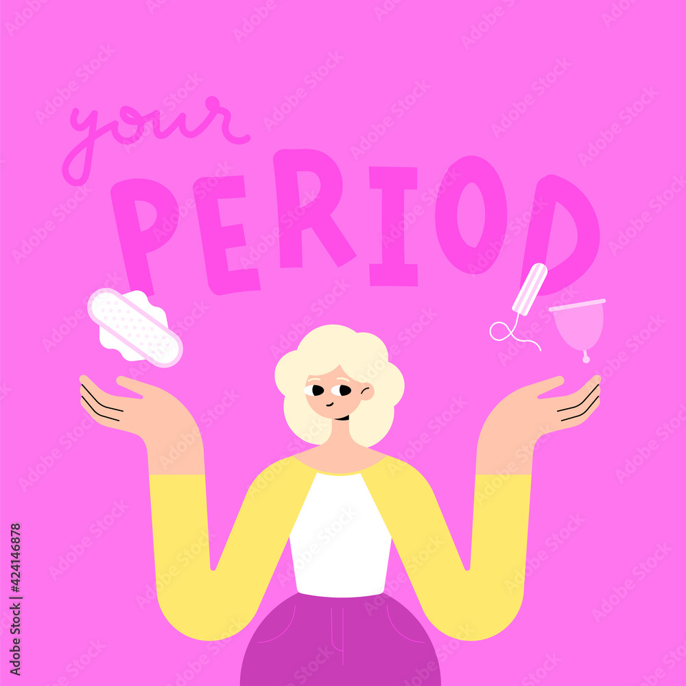 Your period. Girl character shows the choice between pads and tampons ...