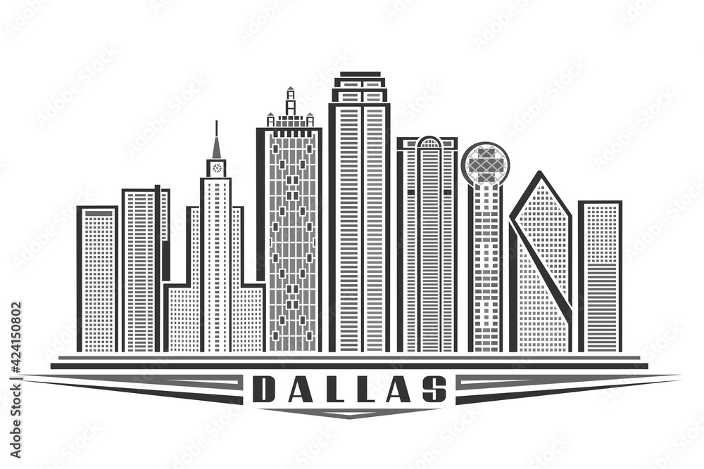 Vector illustration of Dallas, monochrome horizontal poster with ...