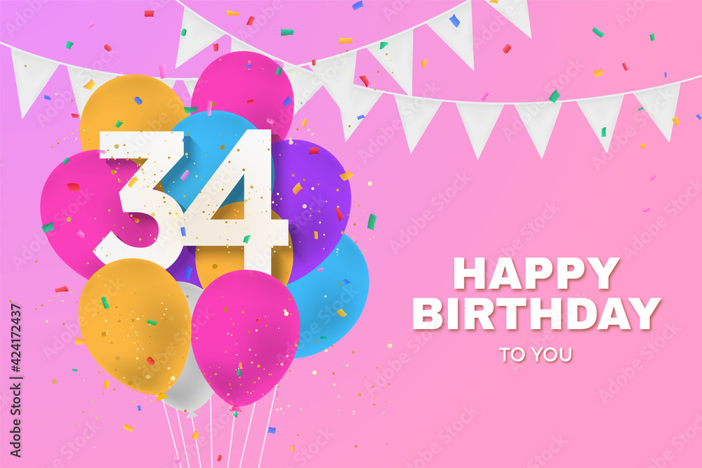 Happy 34th birthday balloons greeting card background. 34 years anniversary. 34th celebrating ...