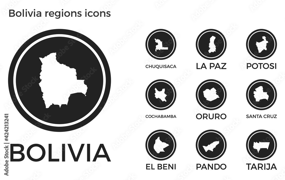Bolivia regions icons. Black round logos with country regions maps and ...
