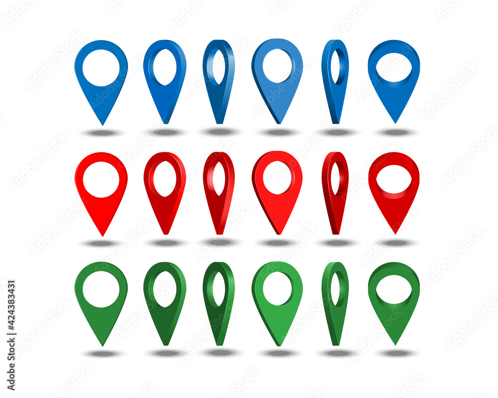 Location icons 3D big set.Map pointer pin. Red,green,blue location symbols vector set isolated ...