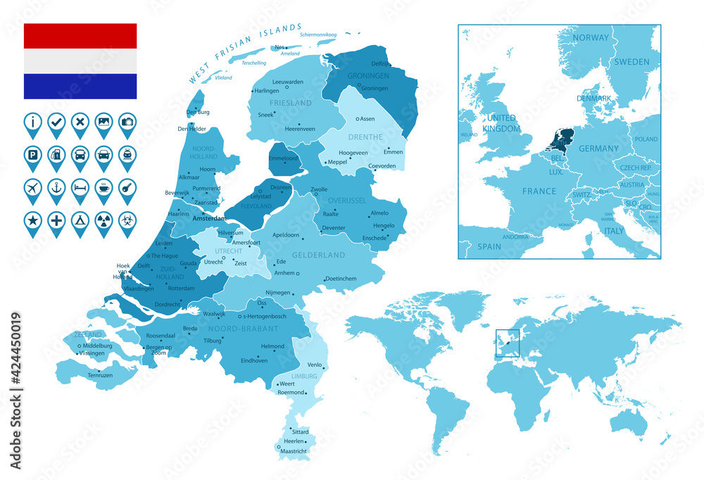 Netherlands detailed administrative blue map with country flag and ...