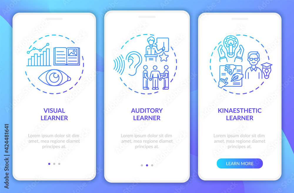 Vector de Stock Learning styles navy onboarding mobile app page screen with concepts. Education ...