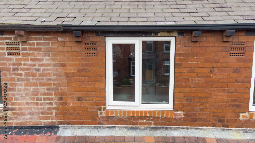 Aerial photo of a typical British terrace house showing newly installed ...